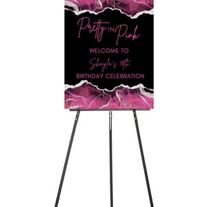 Editable Pretty in Pink Birthday Welcome Sign, Pink, Silver and Black ...