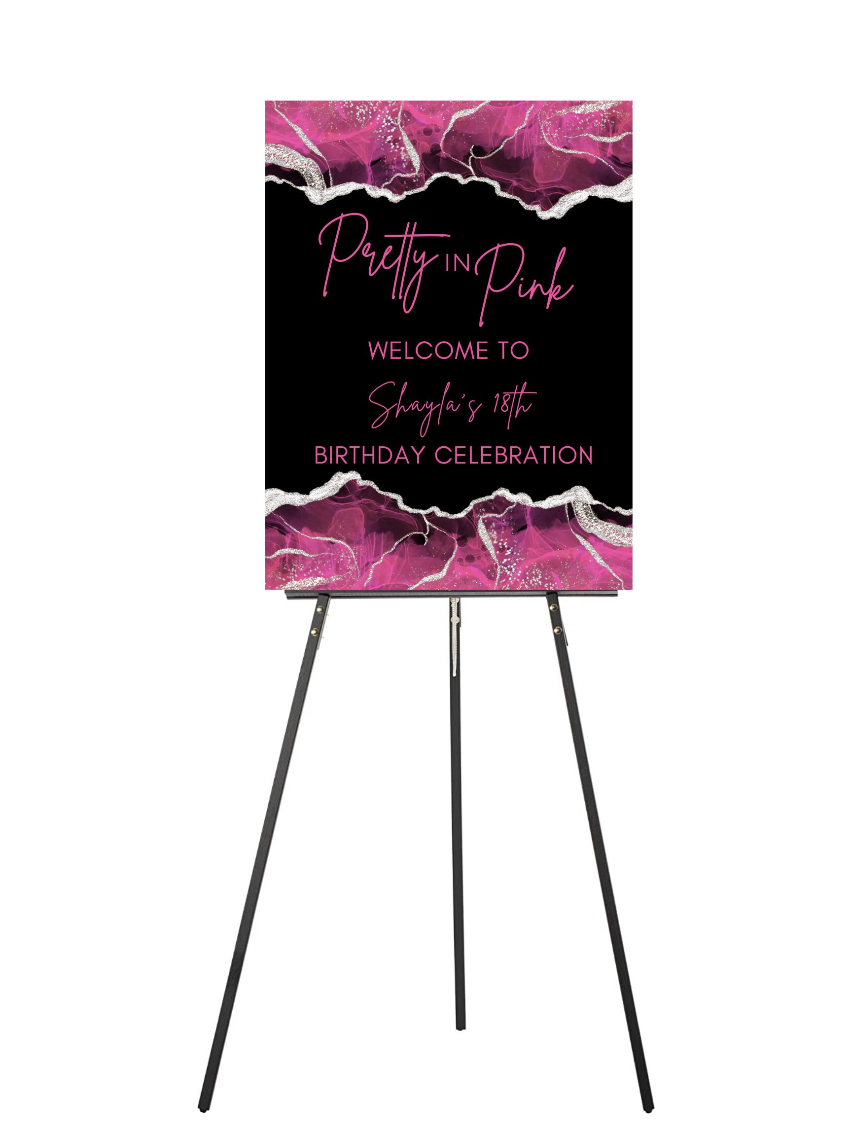 Editable Pretty in Pink Birthday Welcome Sign, Pink, Silver and Black ...