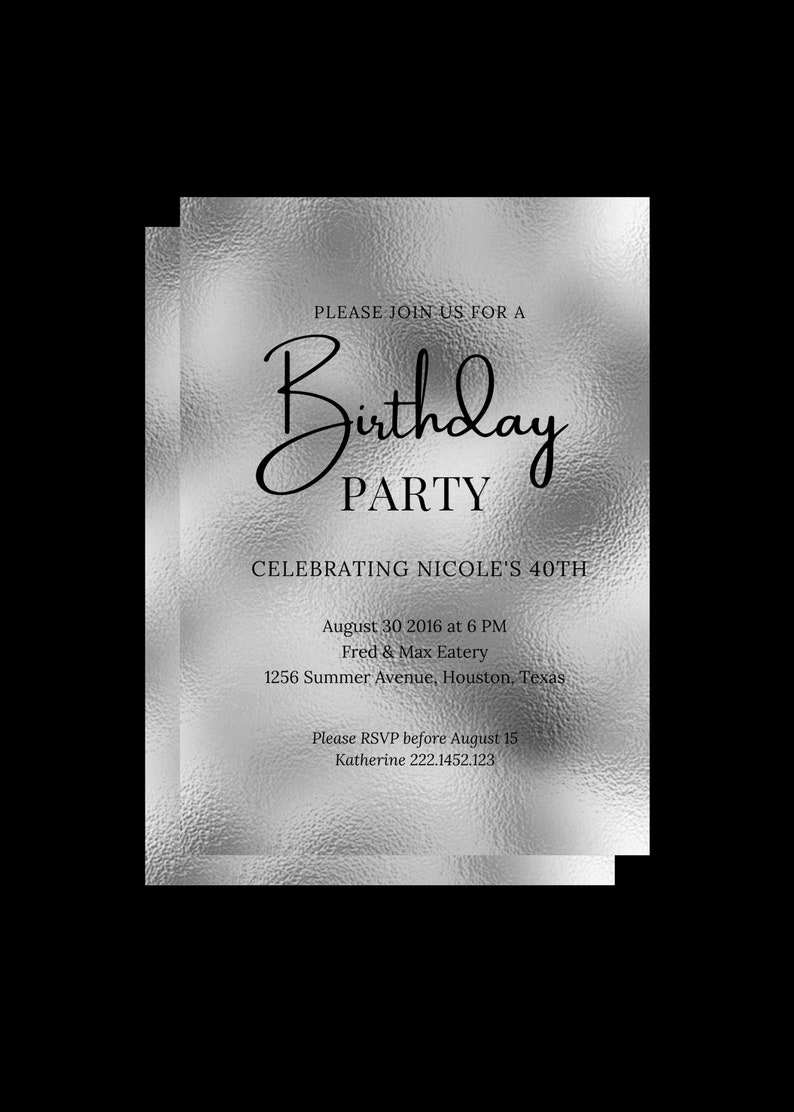 Editable Silver Birthday Invitation, Minimalist, Modern, Printable or ...