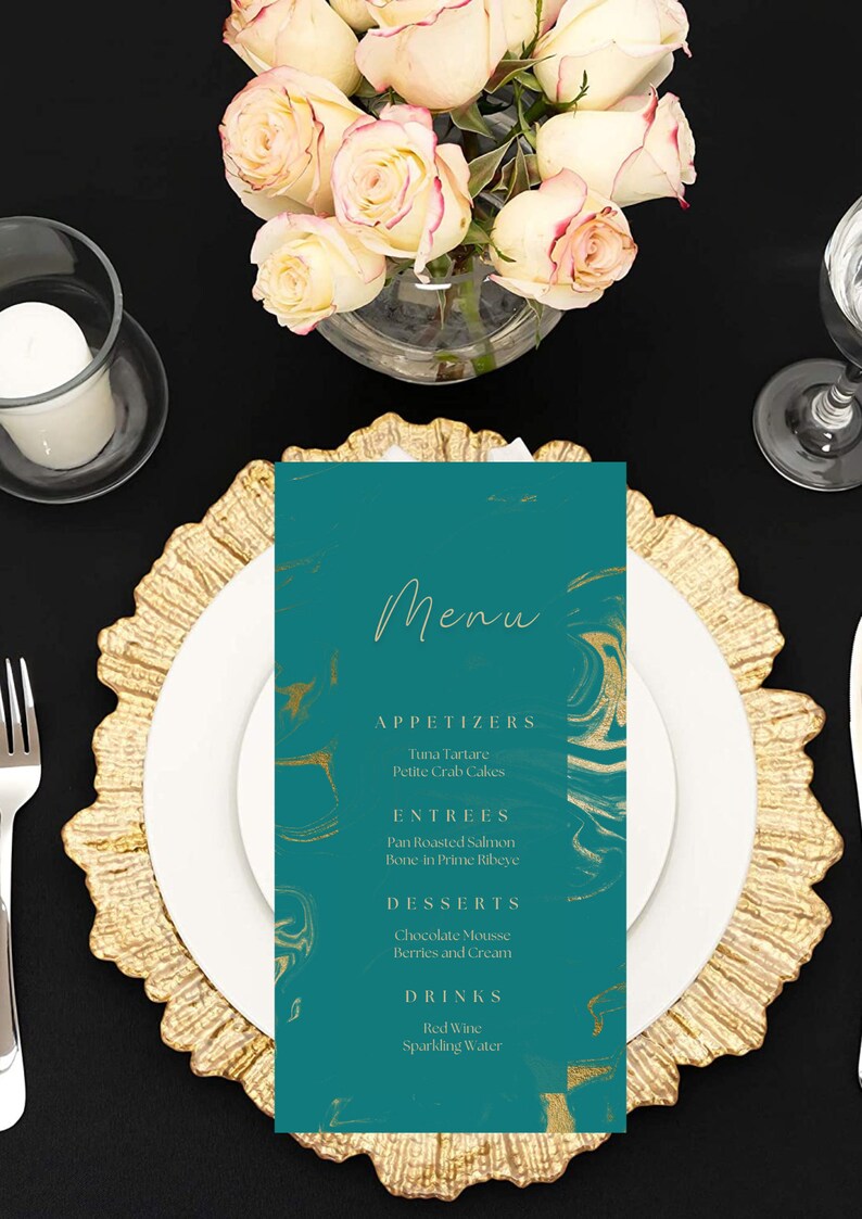 Editable Teal and Gold Menu Card Template Marble Design - Etsy