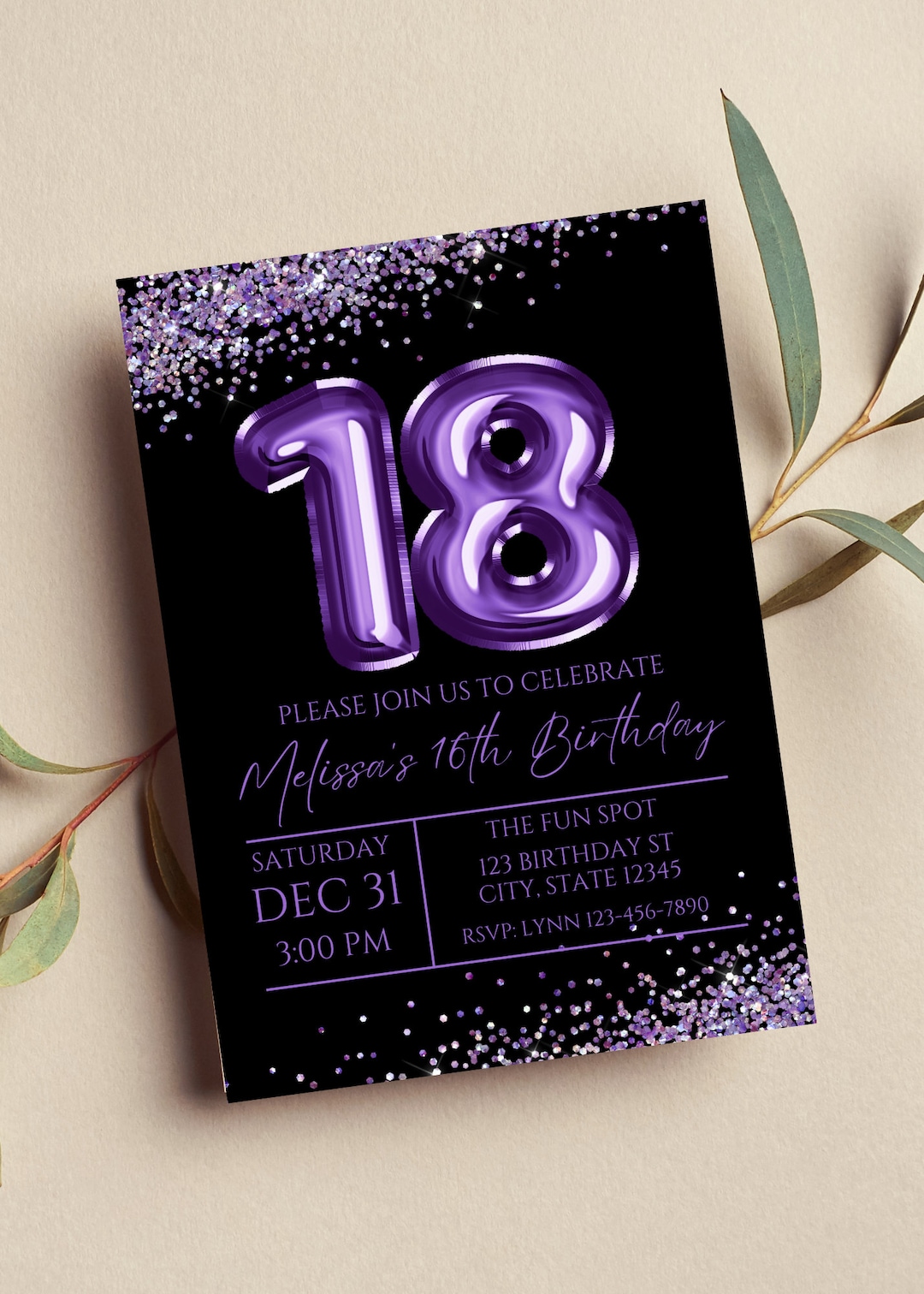 Editable 18th Birthday Invitation, Purple and Black Invitation, Purple ...