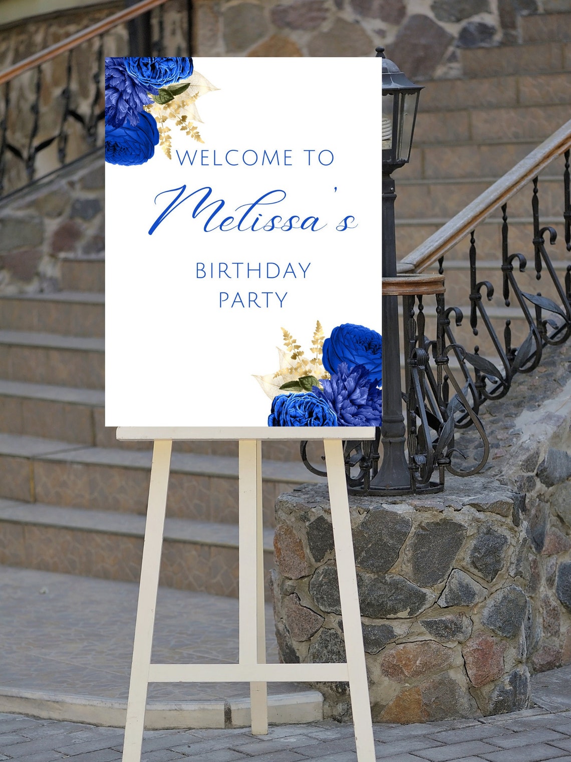 Editable Royal Blue and Gold Birthday Welcome Sign, Floral Birthday ...