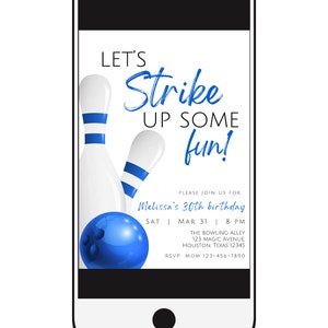 Editable Bowling Birthday Invitation, Let's Strike up Some Fun, Blue ...