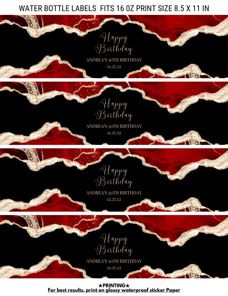 Editable Water Bottle Label Template Red Gold and Black - Etsy