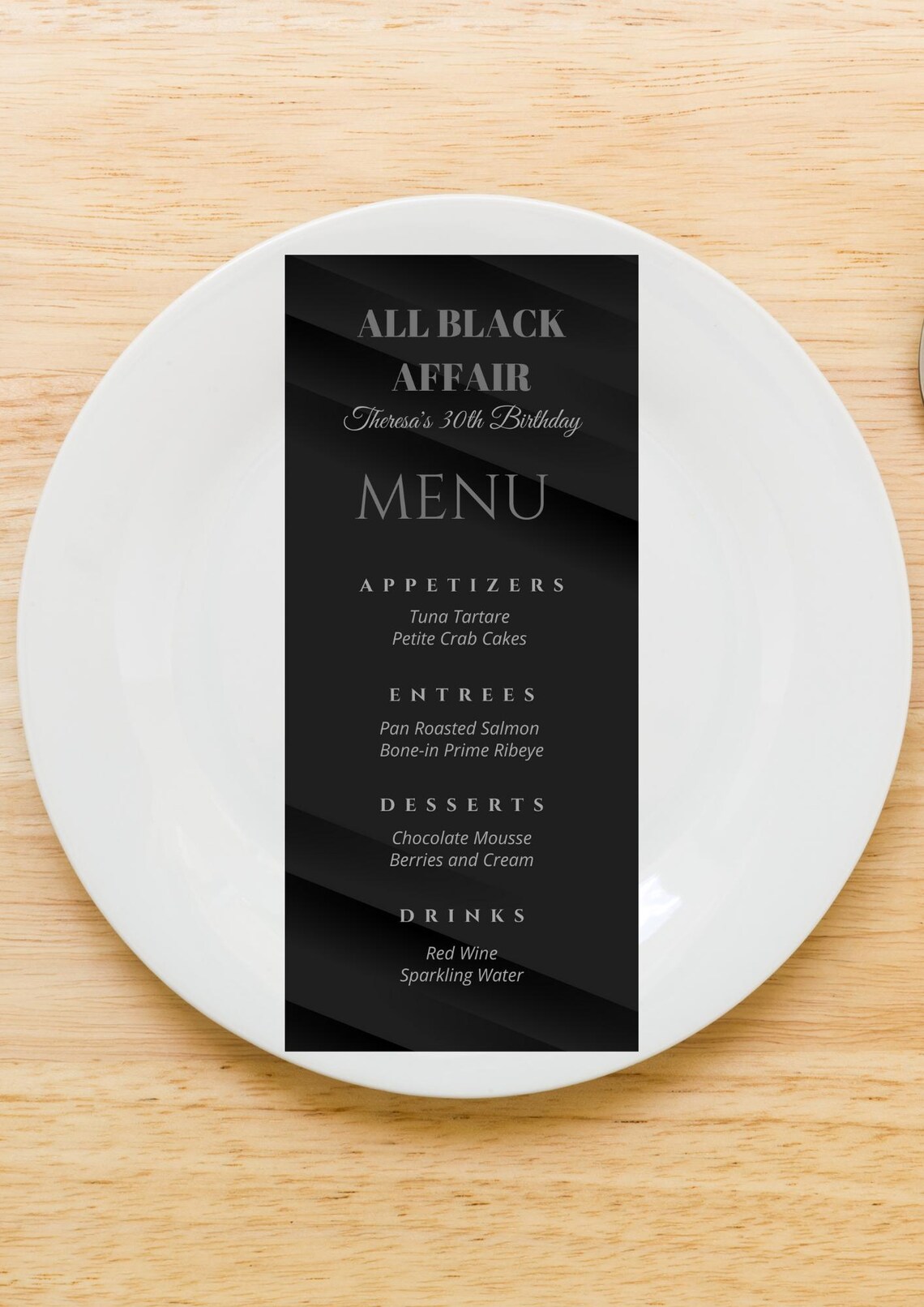 All Black Affair Menu Card Template, Birthday Dinner Menu Cards, Table ...