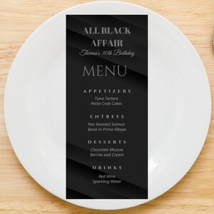 All Black Affair Menu Card Template, Birthday Dinner Menu Cards, Table ...