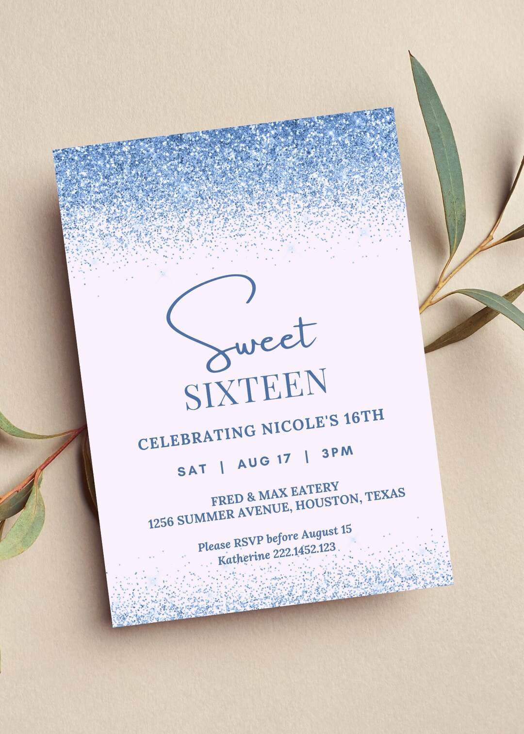 Editable Sweet 16 Birthday Invitation, Blue and White Invitation, Blue ...