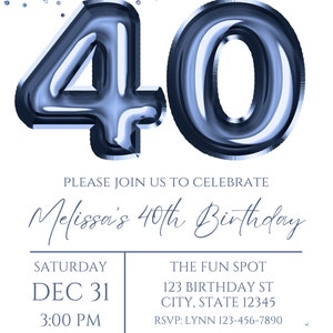 Editable 40th Birthday Invitation, Navy Blue and White Invitation, Navy ...