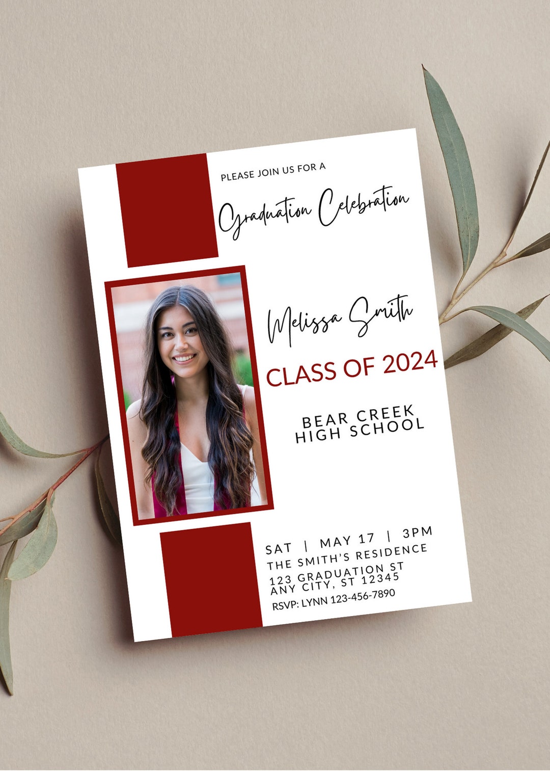 Editable Graduation Invitation Template With Photo, Red, Graduation ...
