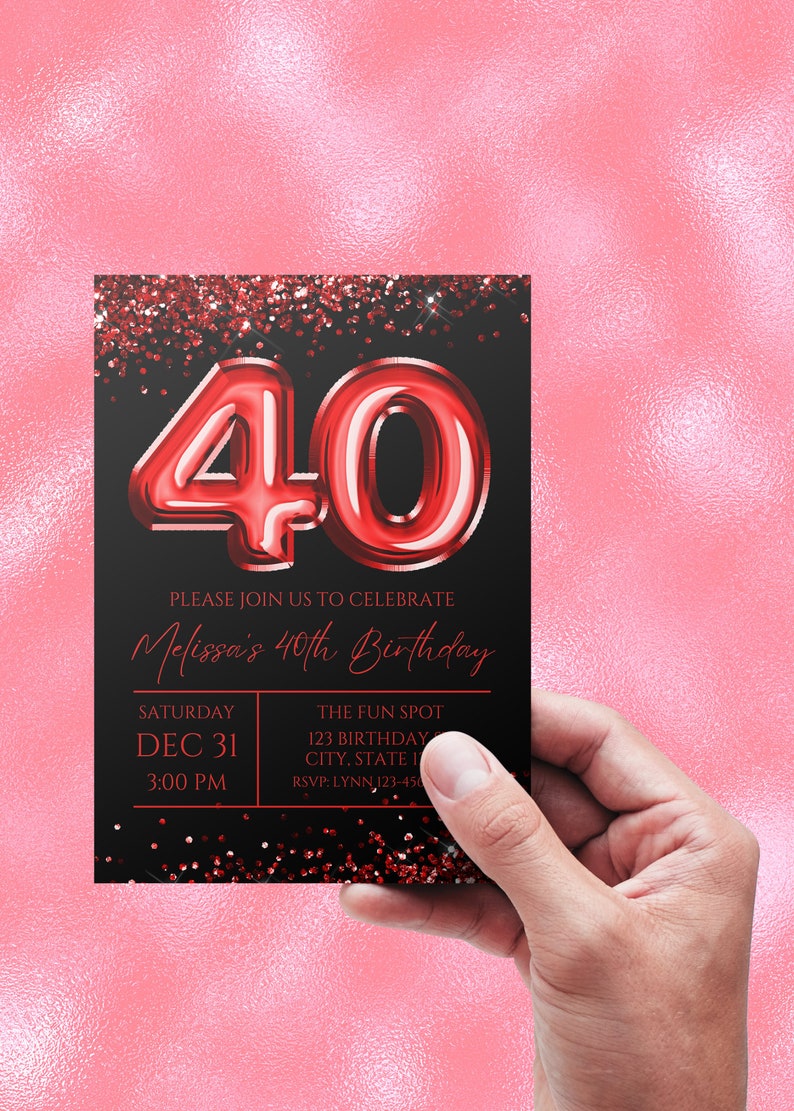 Editable 40th Birthday Invitation, Red and Black Invitation, Red 40 ...