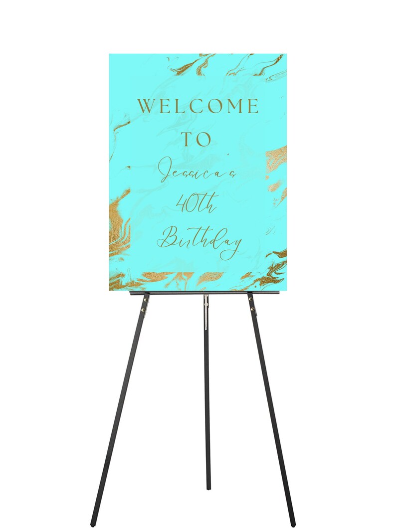 Editable Aqua Blue and Gold Birthday Welcome Sign Marble - Etsy