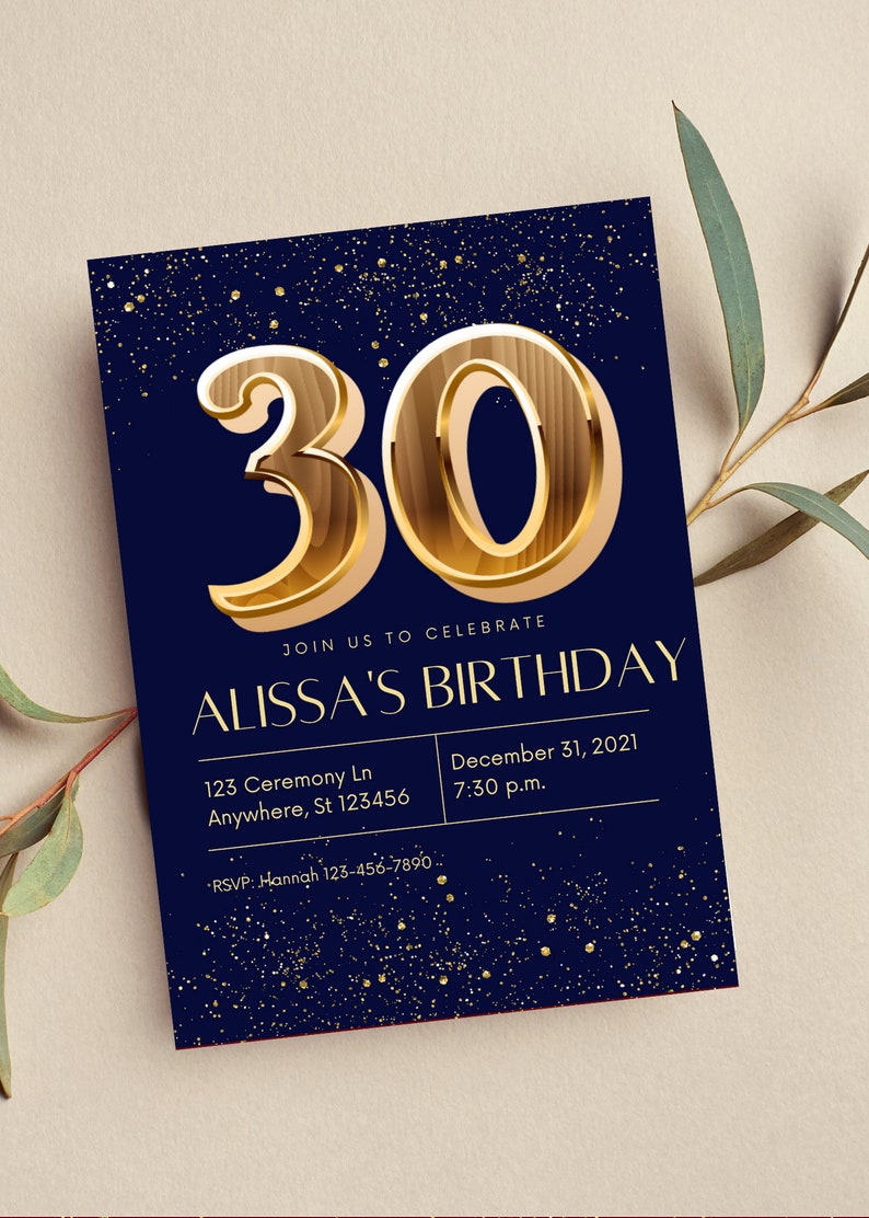 Editable 30th Birthday Party Invitation Blue and Gold | Etsy