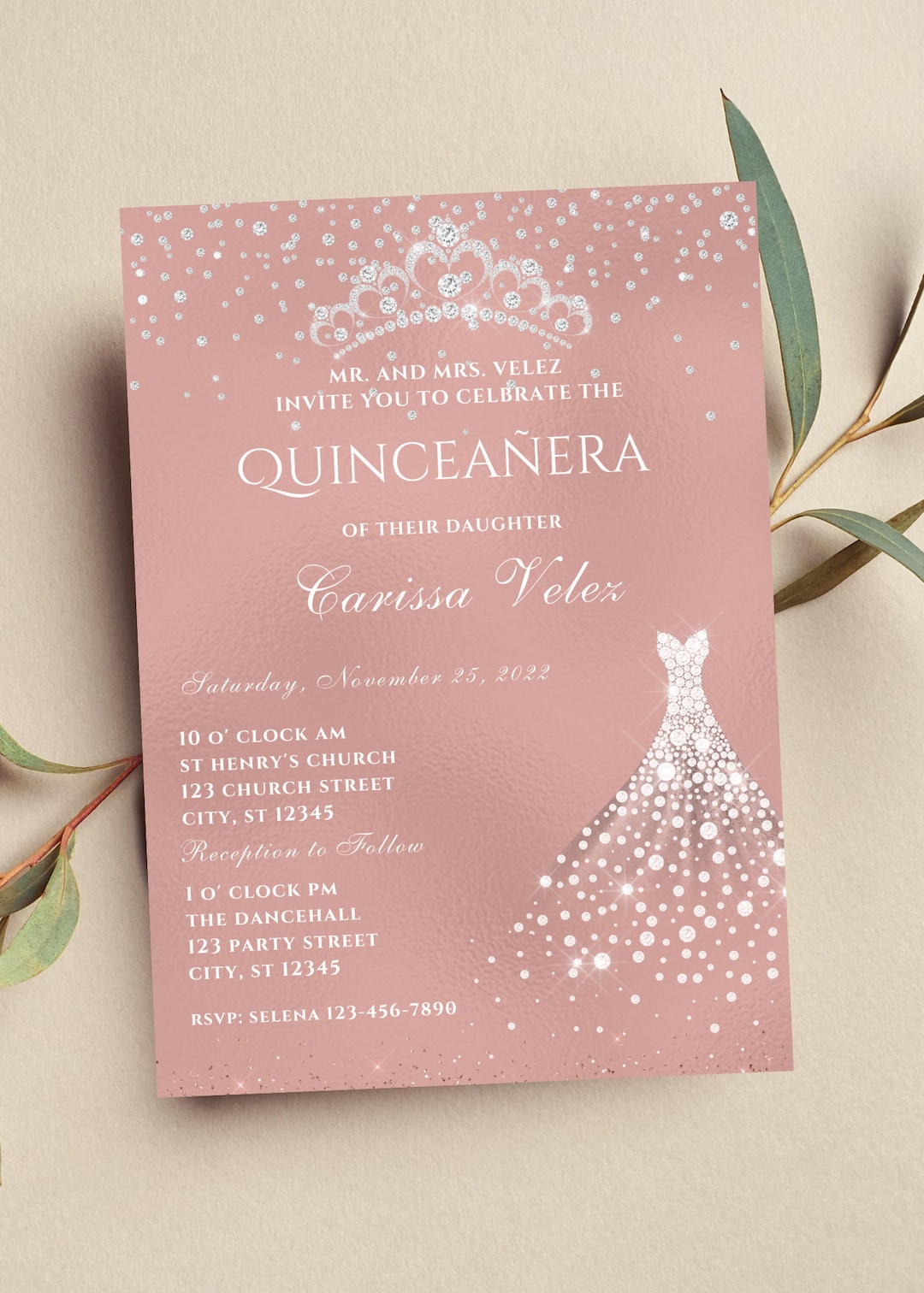 Editable Rose Gold Quinceañera Invitation, Mis Quince Anos, Glam ...