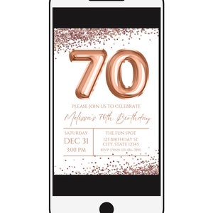 Editable 70th Birthday Invitation, Rose Gold and White Invitation, Rose ...