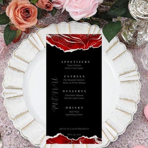 Editable Menu Template, Red and Silver Menu Card, Birthday Dinner Menu ...