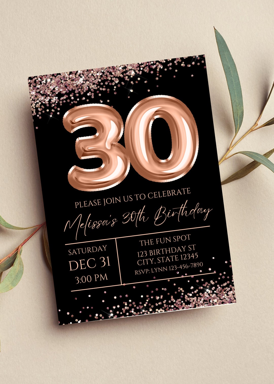 Editable Rose Gold 30th Birthday Invitation, Rose Gold and Black, Glam ...