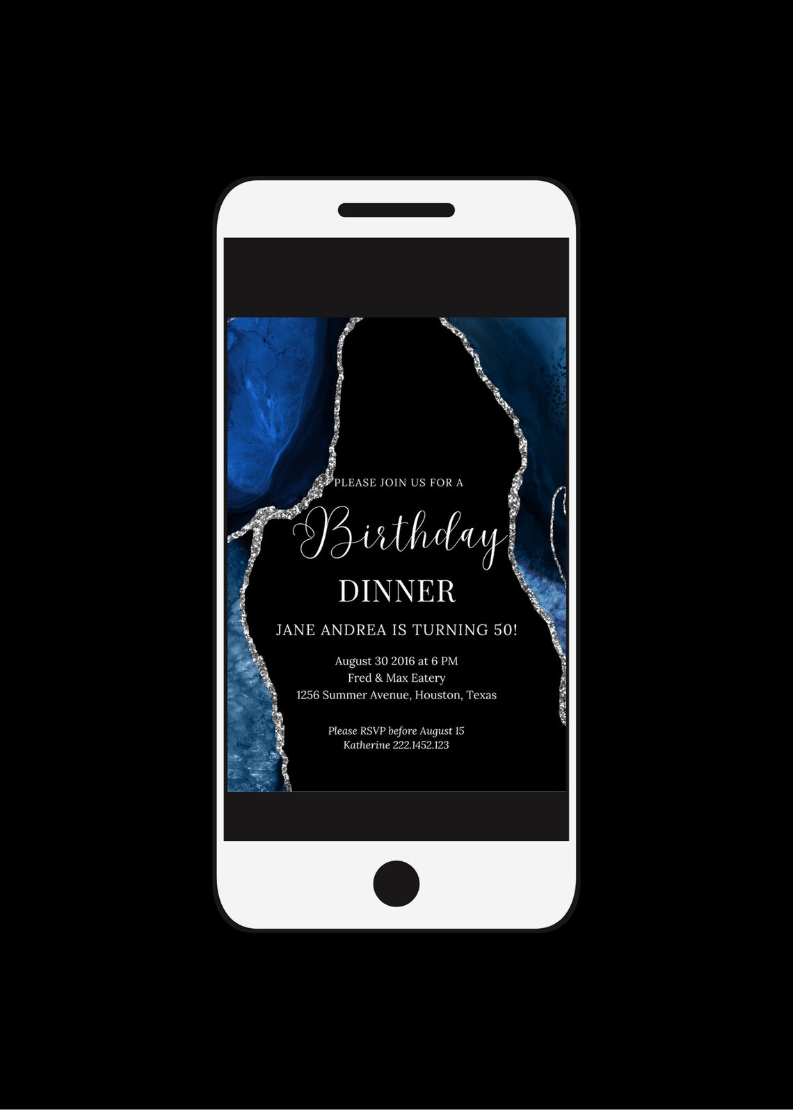 Editable Blue and Silver Invitation, Agate Birthday Dinner Invitation ...
