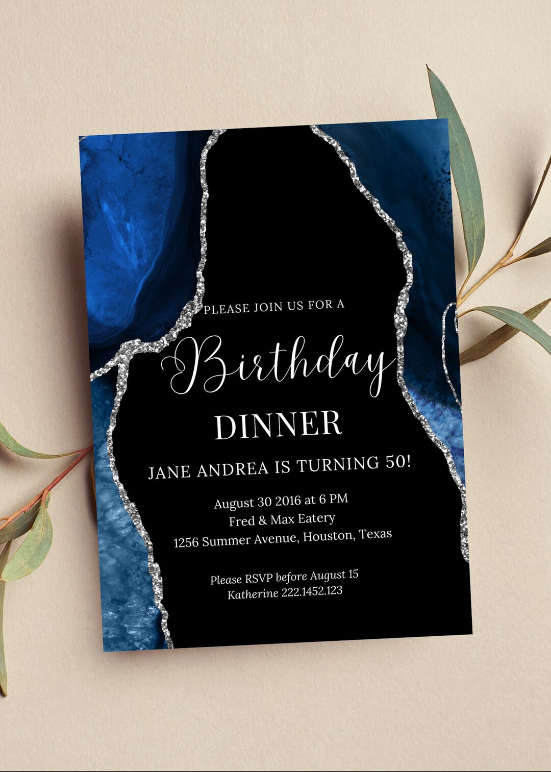 Editable Blue and Silver Invitation, Agate Birthday Dinner Invitation ...