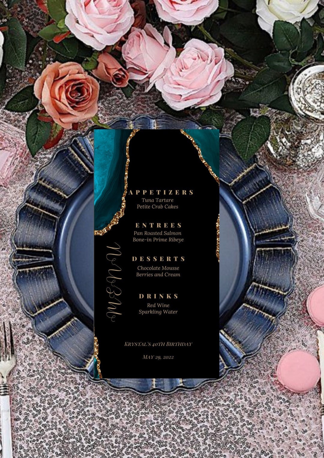 Editable Birthday Party Menu Card Template, Teal and Gold Agate Menu ...