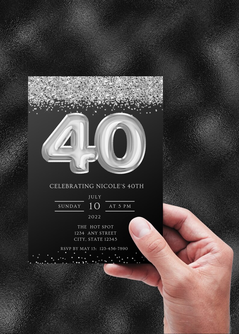 Editable 40th Birthday Invitation, Black and Silver Invitation, Silver ...