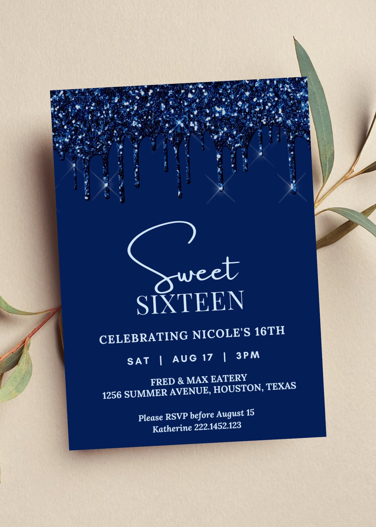 Editable Sweet 16 Birthday Invitation Blue Invitation Blue - Etsy