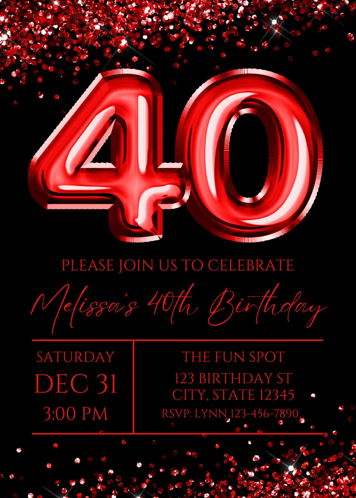 Editable 40th Birthday Invitation, Red and Black Invitation, Red 40 ...