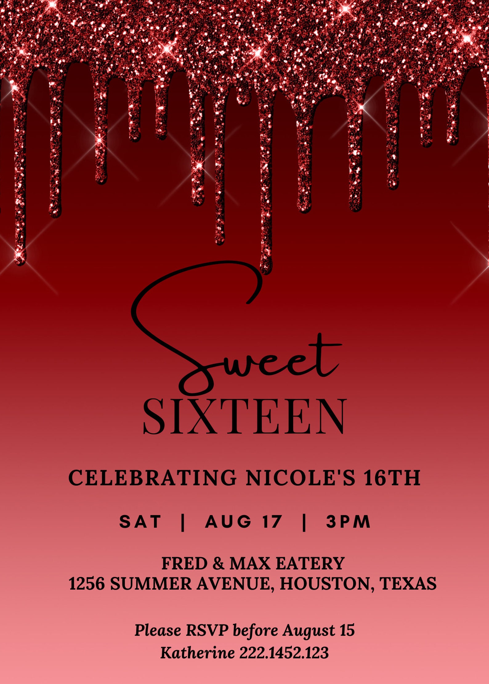 Editable Sweet 16 Birthday Invitation, Red and Black, Red Dripping ...