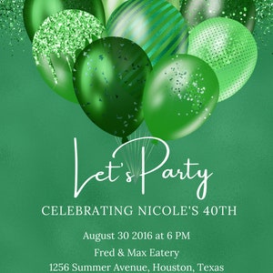 Editable Green Birthday Invitation, Let's Party Green Balloons Invite ...