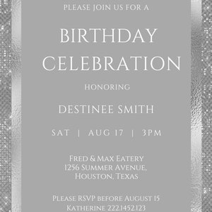 Editable Silver Birthday Celebration Invitation, Silver Invitation ...