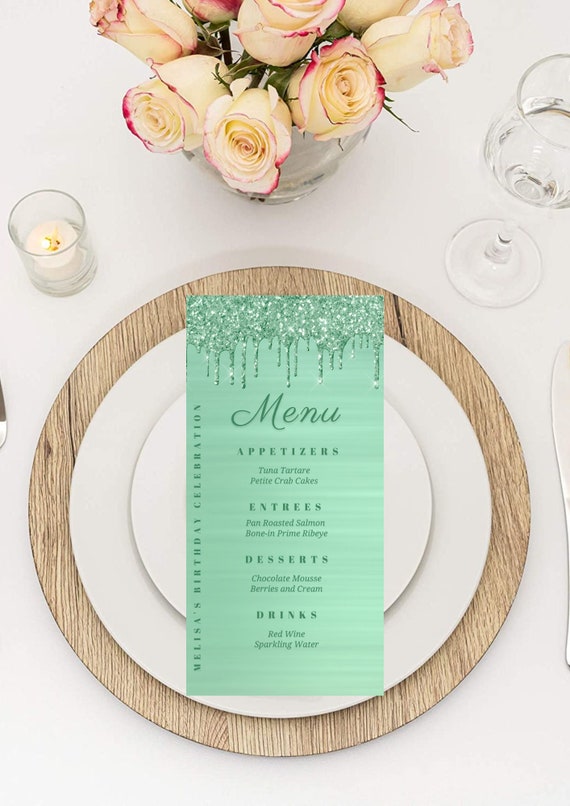 Editable Mint Green Menu Card Template Mint Green Glitter - Etsy