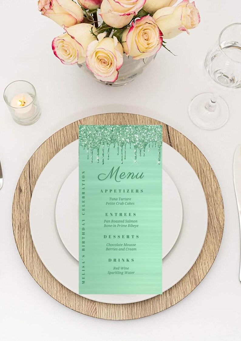 Editable Mint Green Menu Card Template Mint Green Glitter - Etsy