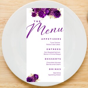 Editable Menu Card Template, Purple and Gold Menu Cards, Floral, Dinner ...