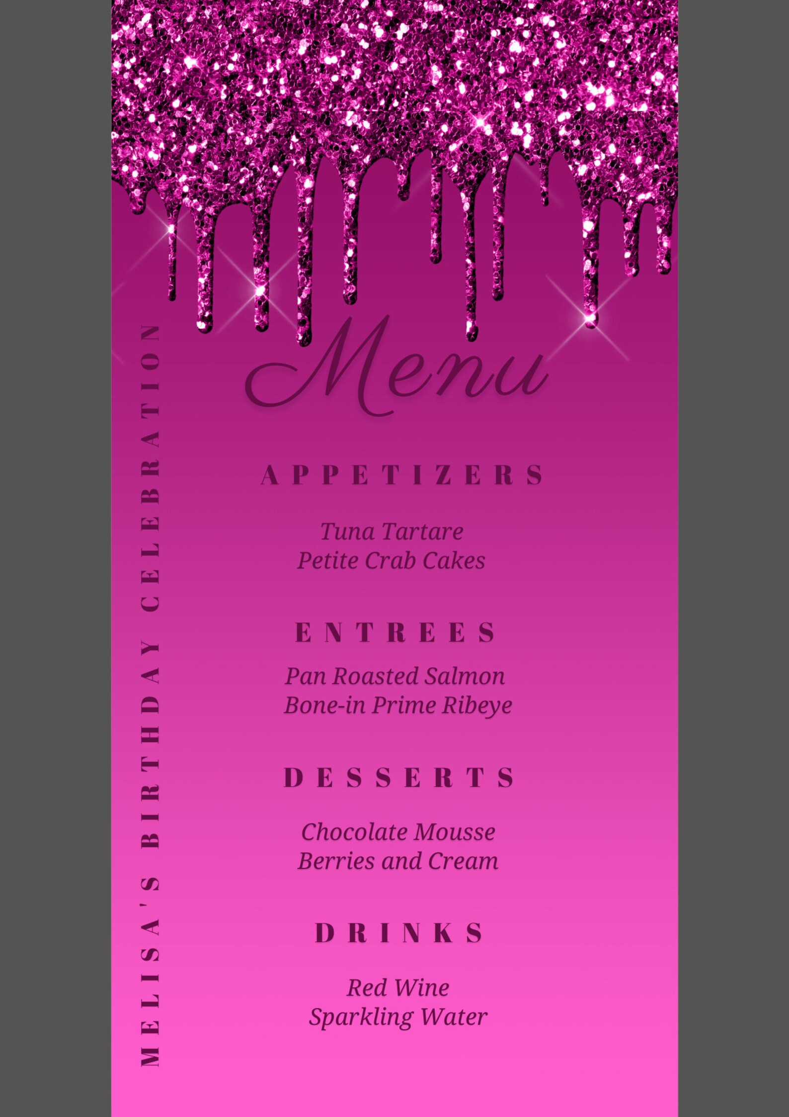 Editable Fuchsia Menu Card Template, Fuchsia Glitter Drip Menu Card ...