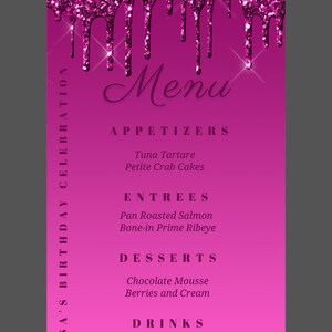 Editable Fuchsia Menu Card Template, Fuchsia Glitter Drip Menu Card ...
