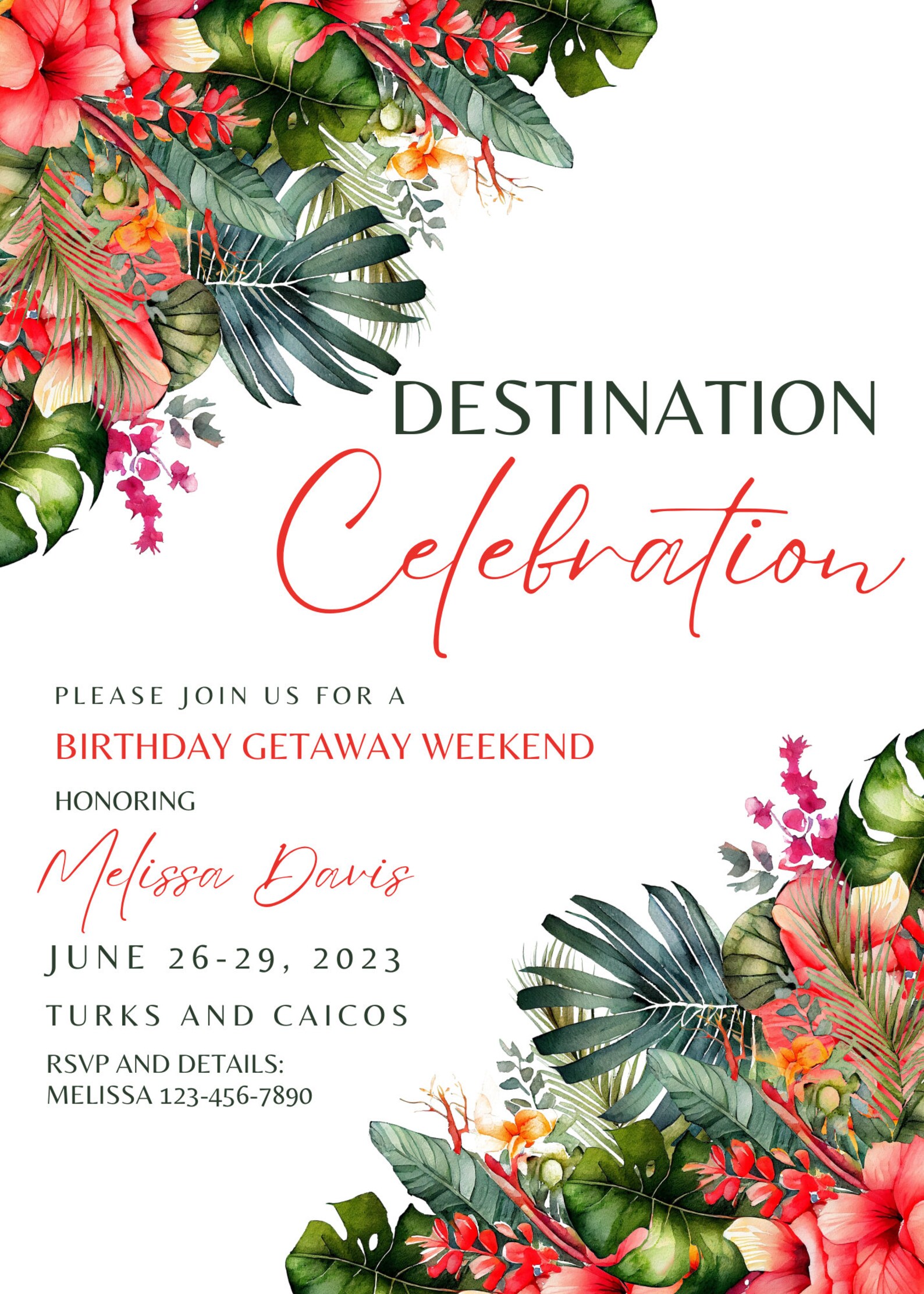Editable Tropical Invitation, Birthday Weekend Invite, Girls Trip ...