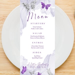 Editable Butterfly Menu Card Template, Purple and Silver Menu Cards, A ...