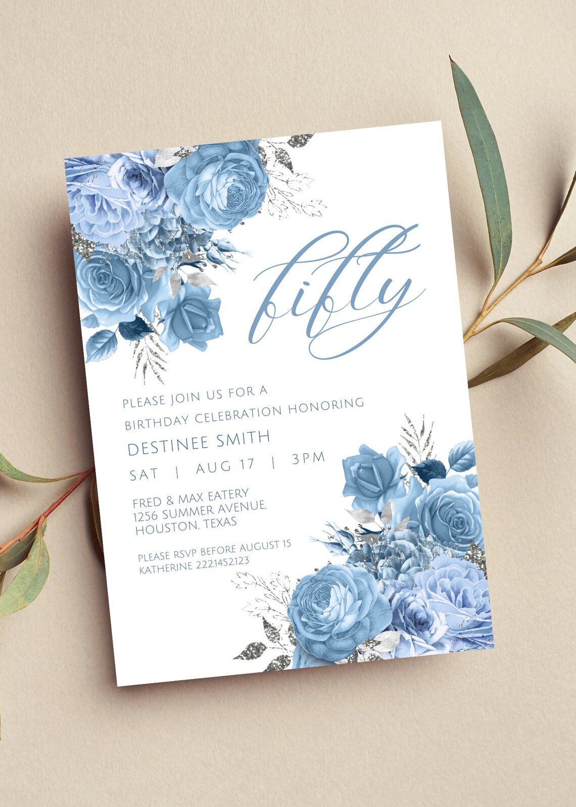 Editable Baby Blue and Silver Floral Invitation, Baby Blue and Silver ...