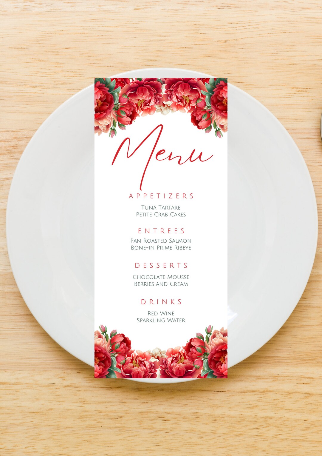Editable Menu Card Template, Red Floral Menu Cards, Birthday, Dinner ...
