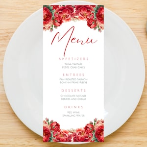 Red Floral Menu Card Template, Printable (digital Download) - Etsy