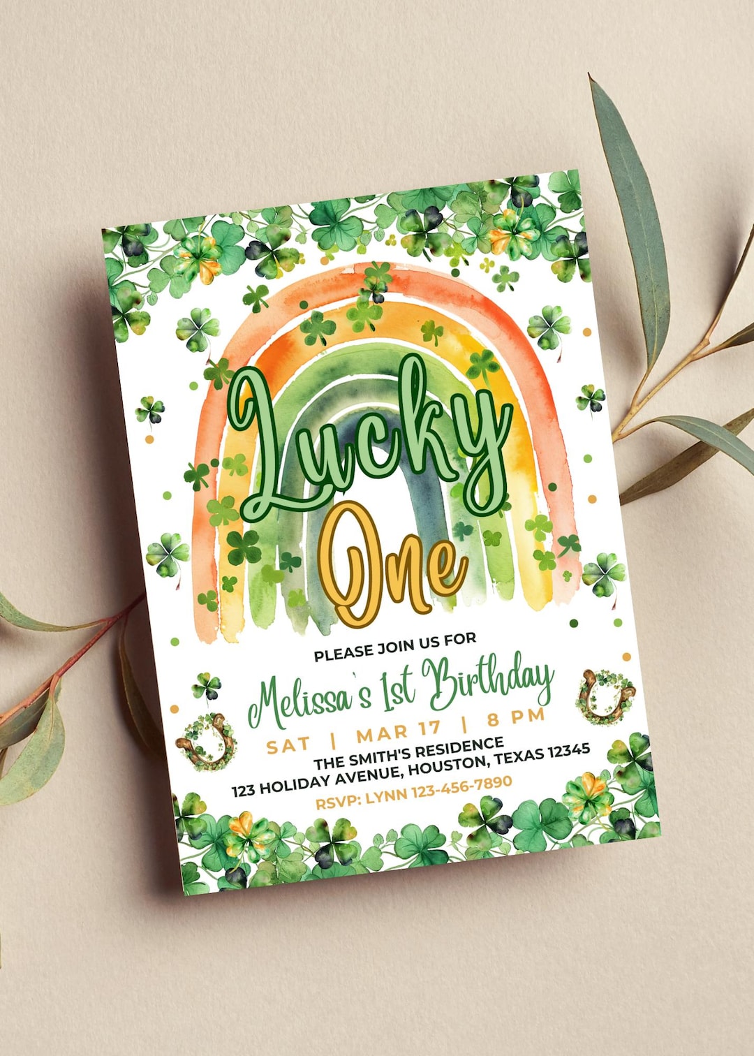 Editable Lucky One Birthday Invitation, 1st Birthday, St. Patrick's Day ...