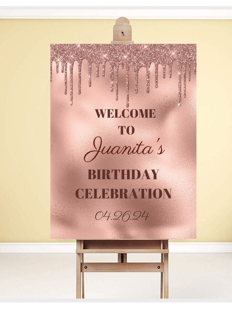 Editable Rose Gold Birthday Welcome Sign Glitter Drip - Etsy