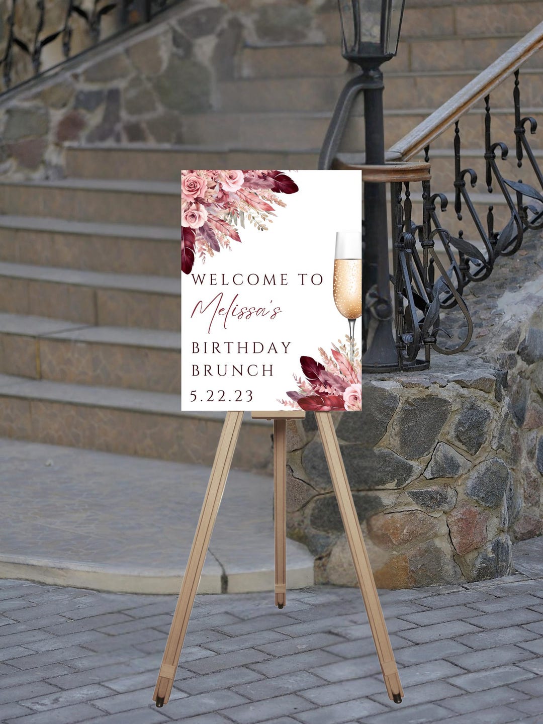 Editable Burgundy and Pink Boho Brunch Welcome Sign, Pampas, Boho ...
