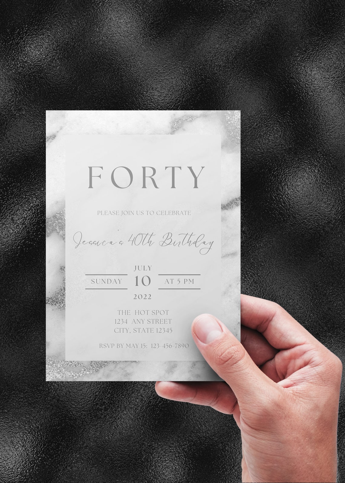 Editable White and Silver Birthday Invitation White Marble - Etsy