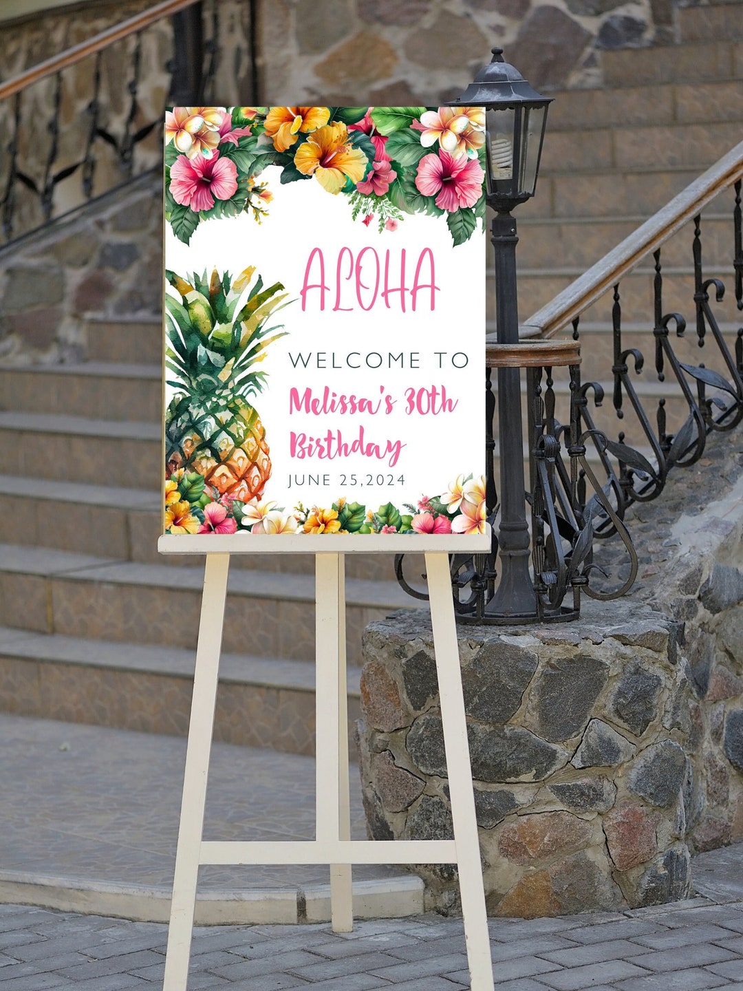 Editable Aloha Birthday Welcome Sign, Pineapple, Hawaiian, Tropical ...