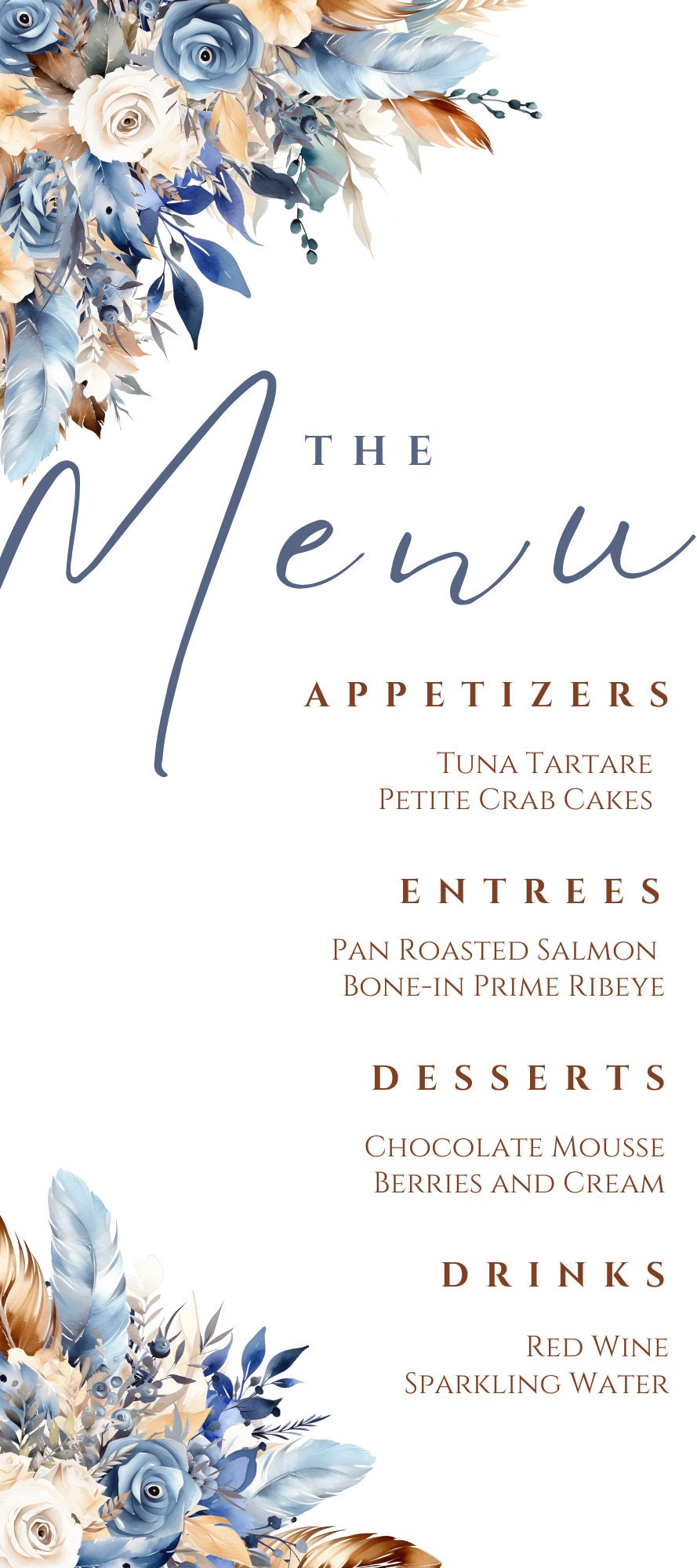 Editable Menu Card Template With Blue Boho Florals for Birthdays ...