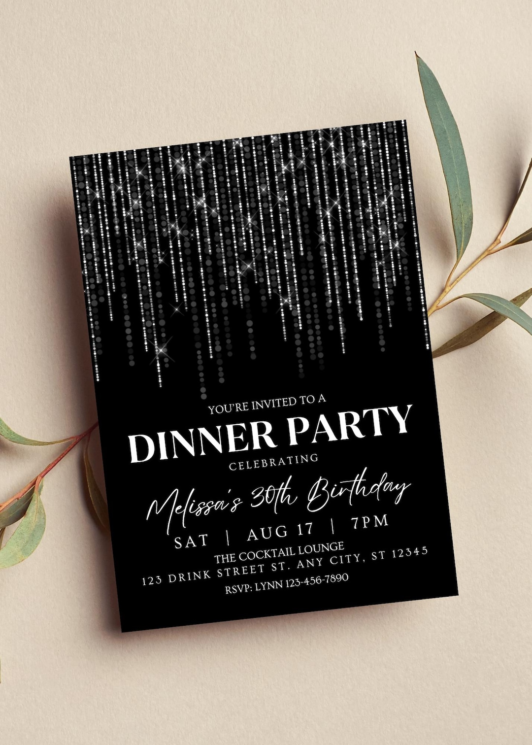Elegant Silver Birthday Dinner Party Invitation, Editable Sparkle ...