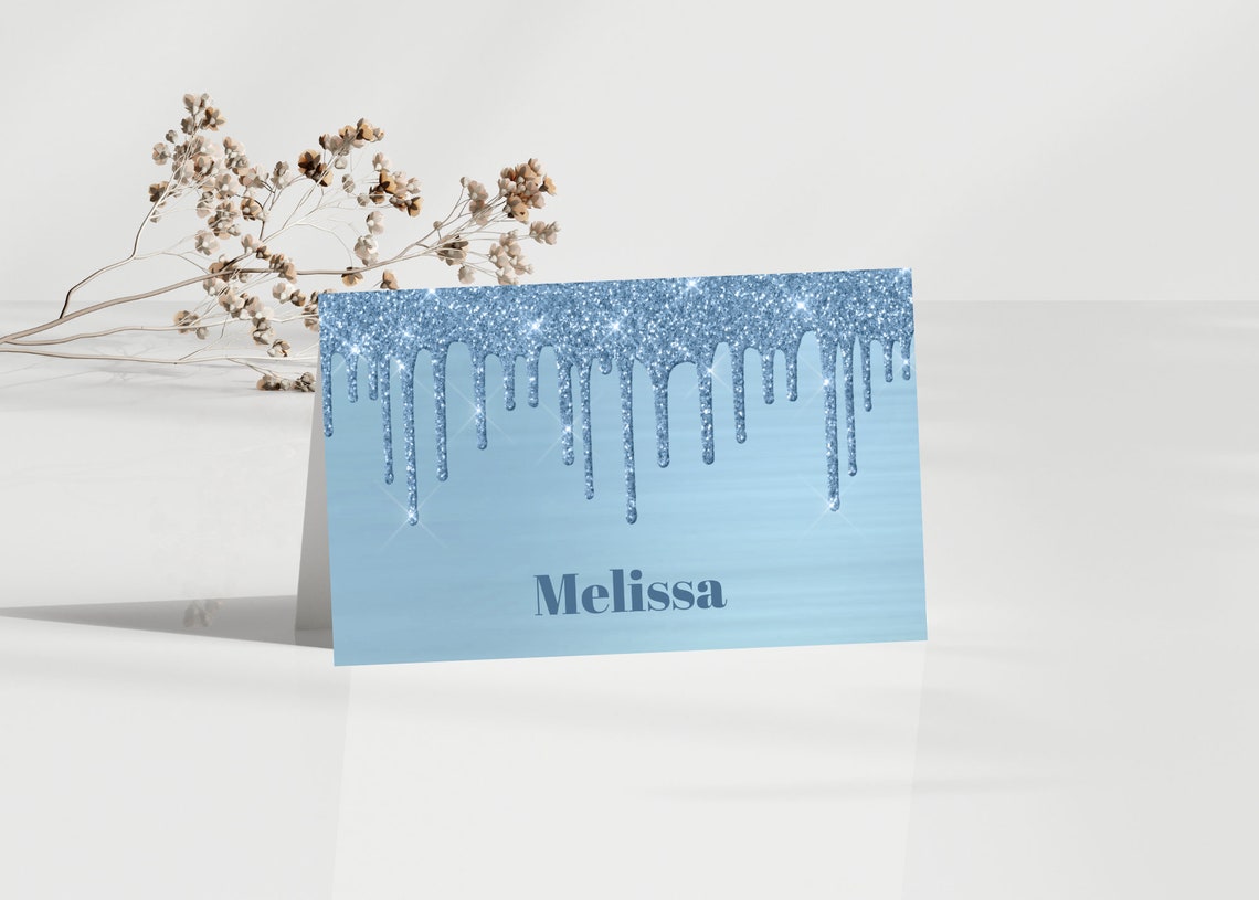 Editable Name Card Template, Blue Glitter Drip, Place Cards, Table ...