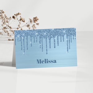 Editable Name Card Template, Blue Glitter Drip, Place Cards, Table ...