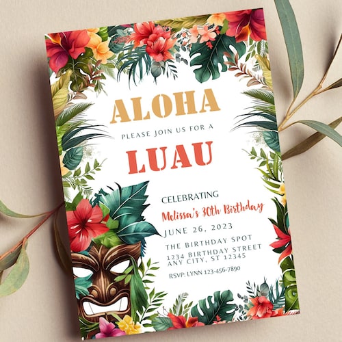 Editable Hawaiian Luau Birthday Invitation Hula on Over Luau - Etsy