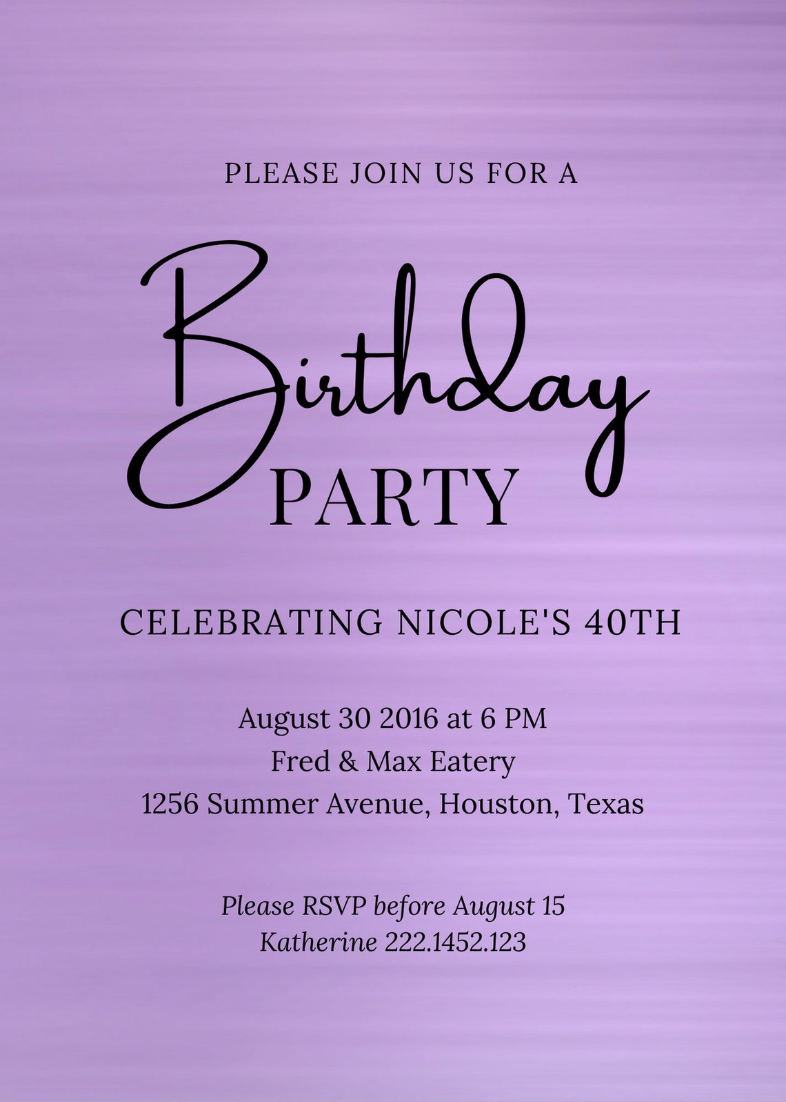 Purple Birthday Party Invitation Editable Minimalist - Etsy